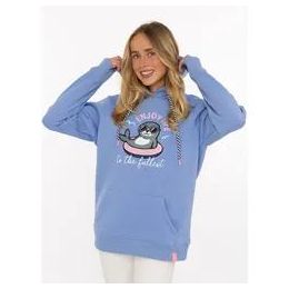 Hoodie Zwillingsherz "Seepferdchen Cowbody", Damen, Gr. S/M, mittelblau, Sweatware, Obermaterial: 50% Baumwolle, 50% Polyester, bedruckt, unifarben, bequem Po-bedeckend, ohne Ausschnitt, angesetztes B&uuml;ndchen, Sweatshirts Hoodie, mit Stickerei, Kapuze, Fronttasche
