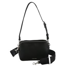 Mini Bag Calvin Klein "WEBBING DOUBLE STRAP CAMERA BAG", Damen, Gr. B/H/T: 18cm x 12cm x 5,5cm, schwarz, Lederimitat, Taschen, kleine Schultertasche, Umh&auml;ngetasche, Abendtasche mit Henkel