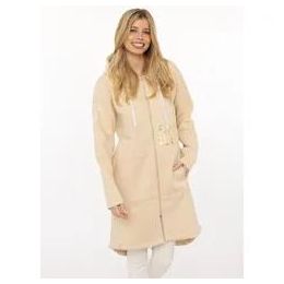 Kurzmantel Zwillingsherz "Alissa Shiny", Damen, Gr. S/M, beige, Sweatware, Obermaterial: 50% Baumwolle, 50% Polyester, bedruckt, bestickt, unifarben, bequem ca. Mitte Oberschenkel, ohne Ausschnitt, gerader Abschluss, M&auml;ntel Kurzmantel, Kapuze, Rei&szlig;verschluss, gl&auml;nzender Print, bedrucktes Band