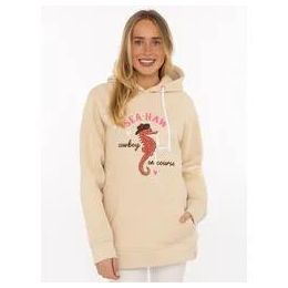 Hoodie Zwillingsherz "Seepferdchen Cowbody", Damen, Gr. L/XL, beige, Sweatware, Obermaterial: 50% Baumwolle, 50% Polyester, bedruckt, unifarben, bequem Po-bedeckend, ohne Ausschnitt, angesetztes B&uuml;ndchen, Sweatshirts Hoodie, mit Stickerei, Kapuze, Fronttasche