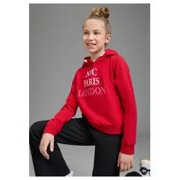 Kapuzensweatshirt Kidsworld "NYC Paris London - Stickerei", M&auml;dchen, Gr. 176/182, rot, Sweatware, Obermaterial: 100% Baumwolle, bestickt, gerade taillenbedeckt, B&uuml;ndchen, Sweatshirts, Langarm, gerade Passform, bedruckt, Kapuze, aus Baumwolle