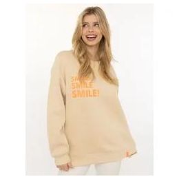 Hoodie Zwillingsherz "Smile Smile Smile", Damen, Gr. S/M, beige, Sweatware, Obermaterial: 50% Baumwolle, 50% Polyester, Sweatshirts Hoodie, Rundhals, Stickerei in Neon, fr&ouml;hliche Botschaft