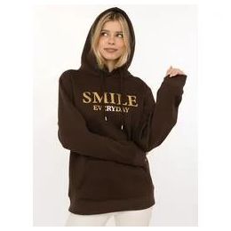 Hoodie Zwillingsherz "Smile Sparkle", Damen, Gr. S/M, braun, Sweatware, Obermaterial: 50% Baumwolle, 50% Polyester, Sweatshirts Hoodie, gl&auml;nzender Print, Fronttasche, Kapuze, Daumenloch