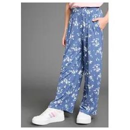 Schlupfhose Kidsworld "Viskose-Hose im Blumenmuster", M&auml;dchen, Gr. 128/134, N-Gr, blau, Jersey, Obermaterial: 95% Viskose, 5% Elasthan, l&auml;ssig geschnitten lang, Hosen Schlupfhose, Trendige Hose mit Blumenmuster