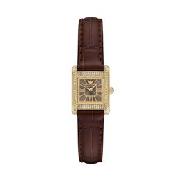 Quarzuhr Emporio Armani, gold (dunkelbraun, goldfarben), Armbanduhren, Damen, Quarzuhr, Armbanduhr, Damenuhr, Lederarmband, analog, Glassteine