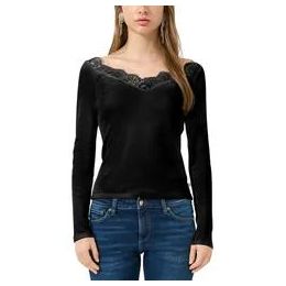 Langarmshirt QS, Damen, Gr. XL (42), schwarz, Feinripp, Obermaterial: 100% Baumwolle, unifarben, tailliert h&uuml;ftbedeckend, V-Ausschnitt, Shirts Langarmshirt, mit Spitzen-V-Ausschnitt
