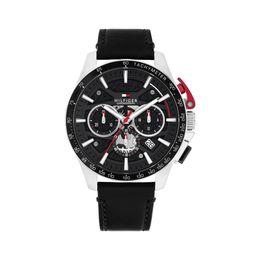 Chronograph Tommy Hilfiger "BANK", schwarz, silberfarben, Armbanduhren, Herren, Chronograph, Quarzuhr, Armbanduhr, Herrenuhr, Lederarmband, analog, Tag