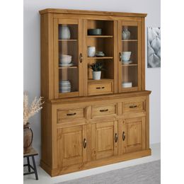 Buffet OTTO HOME "Selma", beige (natur gebeizt, gewachst), B:145cm H:192cm T:38cm, Glas, MDF, Massivholz, Schr&auml;nke, Buffet, aus massivem Kiefernholz, mit Griffen aus antikisiertem Metall, Topseller