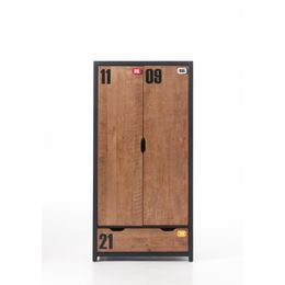 Kleiderschrank Vipack "Alex, Fronten massiv Kiefer in Hobel-Optik, Dekor Ziffern", beige (industrie), B:100cm, Schr&auml;nke, Kleiderschrank, inkl. Schublade/n, innen mit Kleiderstange