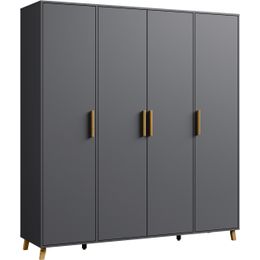 Dreht&uuml;renschrank Rauch "Kleiderschrank Schrank Garderobe SHINJO Breiten 93/140/187 cm", grau (graumetallic), B:187cm H:203cm T:53cm, Holzwerkstoff, Schr&auml;nke, Dreht&uuml;renschrank, Griffe und F&uuml;&szlig;e aus Massivholz, viel Stauraum MADE IN GERMANY