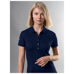 Poloshirt TRIGEMA "TRIGEMA Poloshirt mit Kristallsteinen", Damen, Gr. L, blau (navy), 94% Baumwolle, 6% Elastan, Basic, Shirts