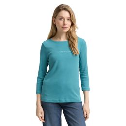 3/4-Arm-Shirt Tom Tailor, Damen, Gr. M, tropical teal, Web, Obermaterial: 97% Baumwolle, 3% Elasthan, unifarben, slim fit normal, Rundhals, gerader Abschluss, Shirts 3/4-Arm-Shirt, mit Logo Schriftzug