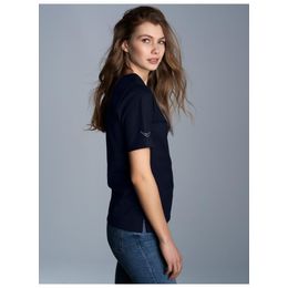 T-Shirt TRIGEMA "TRIGEMA T-Shirt DELUXE Baumwolle mit Kristallsteinen", Damen, Gr. L, blau (navy), Single Jersey, 100% Baumwolle, Basic, lang, Rundhals, Shirts T-Shirt