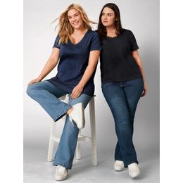 T-Shirt sheego "T-Shirt", Damen, Gr. 48/50, blau (marine), 100% Baumwolle, unifarben, V-Ausschnitt, Shirts T-Shirt