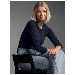 Longsleeve TRIGEMA "TRIGEMA Langarmshirt", Damen, Gr. M, blau (navy), Feinstrick, 95% Baumwolle, 5% Elastan, Basic, lang, Rundhals, Shirts