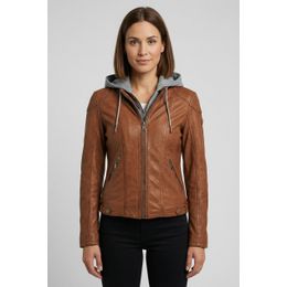 Lederjacke Mauritius "MWAmmy", Damen, Gr. 4XL (48), cognac, Obermaterial: 100% Schafsleder. Futter: 100% Polyester. Kapuze: 55% Baumwolle, 45% Polyester. &Auml;rmelfutter: 100% Polyester, unifarben, regular fit h&uuml;ftlang, abgesteppte Kante, Jacken, mit abnehmbarer Kapuze