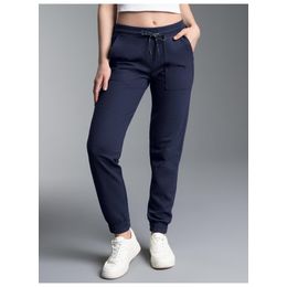 Jerseyhose TRIGEMA "TRIGEMA Bequeme Jogginghose mit gro&szlig;en Taschen", Damen, Gr. M, Normalgr&ouml;&szlig;en, blau (navy), Sweatware, 55% Polyester, 45% Baumwolle, Hosen Jerseyhose