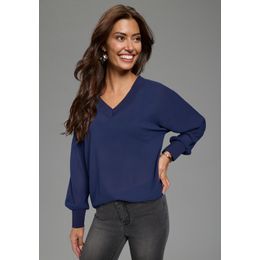 Chiffonbluse Laura Scott, Damen, Gr. 38, dunkelblau, Web, Obermaterial: 100% Polyester, bedruckt, unifarben, h&uuml;ftbedeckend, V-Ausschnitt, angeschnitten Rippb&uuml;ndchen, Blusen Chiffonbluse, leicht transparent, mit h&uuml;ftbedeckender L&auml;nge, V-Ausschnitt