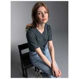 T-Shirt TRIGEMA "TRIGEMA V-Shirt DELUXE Baumwolle", Damen, Gr. S, grau (anthrazit), Single Jersey, 100% Baumwolle, Basic, lang, V-Ausschnitt, Shirts T-Shirt