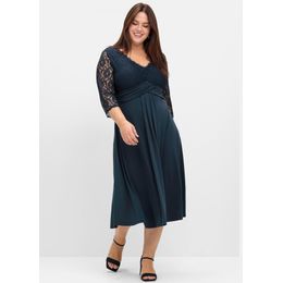 Abendkleid sheego "Abendkleid", Damen, Gr. 50, Normalgr&ouml;&szlig;en, blau (nachtblau), 95% Polyester, 5% Elasthan, Spitze:100% Polyamid, unifarben, wadenlang, V-Ausschnitt, Kleider Abendkleid