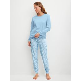 Schlafanzug Calida "Lovely Nights", Damen, Gr. L (48/50), cascade blau, Single Jersey, Obermaterial: 100% Baumwolle, bequem lang, Rundhals, angesetztes B&uuml;ndchen, Homewear-Sets Schlafanzug, Oberteil uni, Hose gestreift, Rundhalsausschnitt, weich, Langarm