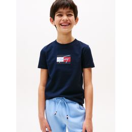 T-Shirt Tommy Hilfiger "TOMMY SCRIPT FLAG PRINT TEE SS", Jungen, Gr. 92, blau (schwarz night navy), Single Jersey, Obermaterial: 100% Baumwolle, unifarben, regular fit h&uuml;ftlang, Rundhals, Shirts T-Shirt, f&uuml;r Kinder bis 16 Jahre, mit Logo-Print