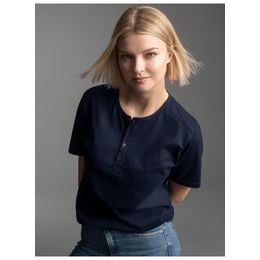 T-Shirt TRIGEMA "TRIGEMA T-Shirt mit Knopfleiste DELUXE Baumwolle", Damen, Gr. L, blau (navy), 100% Baumwolle, Shirts T-Shirt