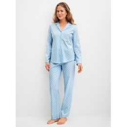 Schlafanzug Calida "Lovely Nights", Damen, Gr. XL (52/54), cascade blau, Single Jersey, Obermaterial: 100% Baumwolle, bequem lang, V-Ausschnitt, Homewear-Sets Schlafanzug, mit langen &Auml;rmeln, Kn&ouml;pfe, Allover-Print