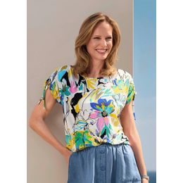 Print-Shirt GOLDNER "Jerseyshirt mit floralem Design", Damen, Gr. 50, bunt (bunt, gemustert), Obermaterial: 95% Viskose CV. 5% Elasthan EL., gerade, U-Boot-Ausschnitt, Shirts, Kordelzug an den Schultern