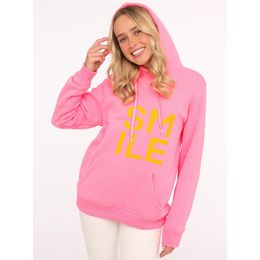 Hoodie Zwillingsherz "Alissa", Damen, Gr. SM (S/M), pink (neonpink), Sweatware, Obermaterial: 50% Baumwolle, 50% Polyester, unifarben mit Farbeinsatz, normal h&uuml;ftlang, hoch geschlossener Ausschnitt, B&uuml;ndchen, Sweatshirts Hoodie, Langarm, Kapuze, Neon-Details, Kordelzug, Frontprint, K&auml;ngurutasche