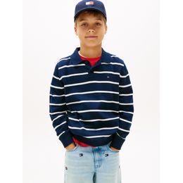 Strickpullover Tommy Hilfiger "POLO COLLAR SWEATER LS", Jungen, Gr. 16 (176), schwarz night navy stripe, Strick, Obermaterial: 100% Baumwolle, gestreift, regular fit normal, Rundhals, eingesetzt B&uuml;ndchen, Pullover Strickpullover, Kinder bis 16 Jahre, regular fit