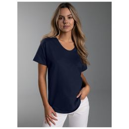 T-Shirt TRIGEMA "TRIGEMA Oversized T-Shirt mit V-Ausschnitt", Damen, Gr. XL, blau (navy), Single Jersey, 100% Baumwolle, lang, V-Ausschnitt, Shirts T-Shirt