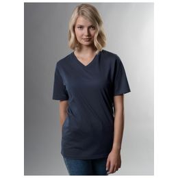 T-Shirt TRIGEMA "TRIGEMA V-Shirt DELUXE Baumwolle", Damen, Gr. M, blau (navy), Single Jersey, 100% Baumwolle, Basic, lang, V-Ausschnitt, Shirts T-Shirt