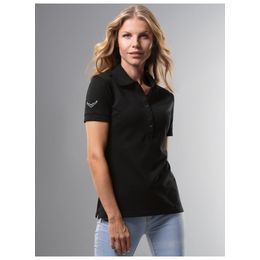 Poloshirt TRIGEMA "TRIGEMA Poloshirt mit Kristallsteinen", Damen, Gr. M, schwarz, Piqu&eacute;, 94% Baumwolle, 6% Elastan, Basic, lang, ohne Ausschnitt, Shirts