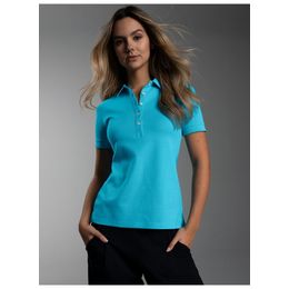 Poloshirt TRIGEMA "TRIGEMA Poloshirt mit Kristallsteinen", Damen, Gr. M, blau (azur), Piqu&eacute;, 94% Baumwolle, 6% Elastan, Basic, lang, ohne Ausschnitt, Shirts