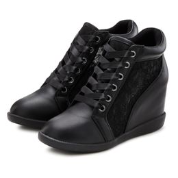 Sneaker Lascana "Freizeitschuh, Halbschuh, Keilstiefelette, Stiefelette", Damen, Gr. 36, schwarz, Obermaterial: 100% Lederimitat. Decksohle: 100% Lederimitat. Futter: 100% Lederimitat. Laufsohle: 100% Synthetik, leicht transparent, unifarben, Schuhe Sneaker, mit innenliegendem Keilabsatz und Spitzendetails