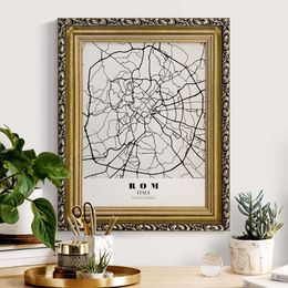 Bilderwelten Bild mit Barockrahmen Antik Weltkarte modern Barock schwarz weiss - Stadtplan Rom - Klassik - Italien Jugendzimmer
