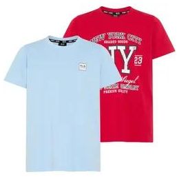 H.I.S. T-Shirt H.I.S "2er Pack Shirts mit HIS-Logos f&uuml;r Jungen", Jungen, Gr. 152/158, rot, hellblau, Single Jersey, Obermaterial: 100% Baumwolle, bedruckt, Basic, Rundhals, Shirts T-Shirt, modischer Stil, Kurzarm, mit Logodruck, aus Baumwolle, f&uuml;r Jungen