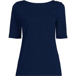 LANDS' END Supima T-Shirt mit U-Boot-Ausschnitt und gekn&ouml;pfter Schulter, Damen,  Blau, Baumwolle, by Lands' End