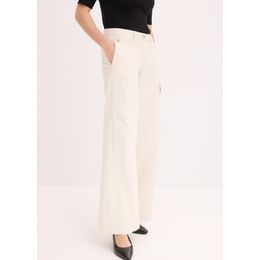 bonprix Wide Leg Hose mit Stretch, beige, Gr.48, Wide Leg Hose mit Schm&uuml;ckkn&ouml;pfen, 97% Baumwolle