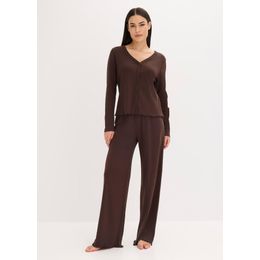 bonprix Pyjama aus Rippe mit Knopfleiste, braun, Gr.44/46 (L), Moderner Pyjama aus Rippe mit Knopfleiste und weiter Hose, aus 100% Baumwolle,Rippware
