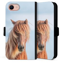 DeinDesign iPhone 16e Handy Klapph&uuml;lle Handyh&uuml;lle aus Kunst Leder schwarz Flip Case Animals Animal Look Horse Sideflip mit Lasche