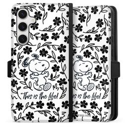DeinDesign Galaxy S24+ Handy Klapph&uuml;lle Handyh&uuml;lle aus Kunst Leder schwarz Flip Case Peanuts Flowers Snoopy Sideflip mit Lasche