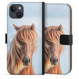 DeinDesign iPhone 14 Plus Handy Klapph&uuml;lle Handyh&uuml;lle aus Kunst Leder schwarz Flip Case Animals Animal Look Horse Sideflip mit langer Lasche