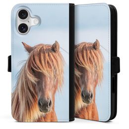 DeinDesign iPhone 16 Plus Handy Klapph&uuml;lle Handyh&uuml;lle aus Kunst Leder schwarz Flip Case Animals Animal Look Horse Sideflip mit Lasche