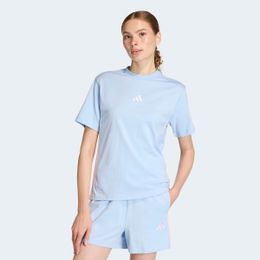 T-Shirt adidas Sportswear "ESSENTIALS 3-STREIFEN COTTON", Damen, Gr. S, glow blau, clear pink, Obermaterial: 100% Baumwolle, normal, Rundhals, Shirts T-Shirt