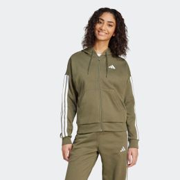 Kapuzensweatshirt adidas Sportswear "ESSENTIALS 3-STREIFEN FULL-ZIP FLEECE", Damen, Gr. M, olive strata, wei&szlig;, Obermaterial: 55% Baumwolle, 36% Polyester, 9% Viskose, angesetztes B&uuml;ndchen, Sweatshirts Kapuzensweatshirt