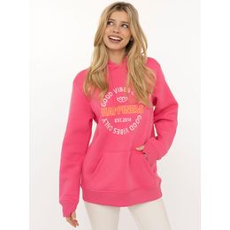 Hoodie Zwillingsherz "Good Vibes", Damen, Gr. S/M, mittelpink, Sweatware, Obermaterial: 50% Baumwolle, 50% Polyester, normal h&uuml;ftbedeckend, V-Ausschnitt, Sweatshirts Hoodie, gestickter Schriftzug, Kapuze, Langarm, K&auml;ngurutasche, Kordelzug