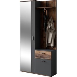 Kompaktgarderobe ByLiving "Jakob", braun (old wood, anthrazit), B:97cm H:195cm T:30cm, FSC-zertifizierter Holzwerkstoff, Glas, Schr&auml;nke, Kompaktgarderobe, mit gro&szlig;em Spiegel und Ablage, Breite 97 cm