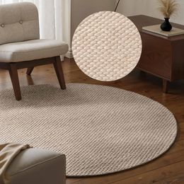 Wollteppich ELLE DECORATION "Beans", uni, beige, natur, H:10mm &Oslash;:160cm, Wolle, Teppiche, Wollteppich, Handweb Teppich Wolle, Rund, Perlenstruktur, Wohnzimmer, Schlafzimmer